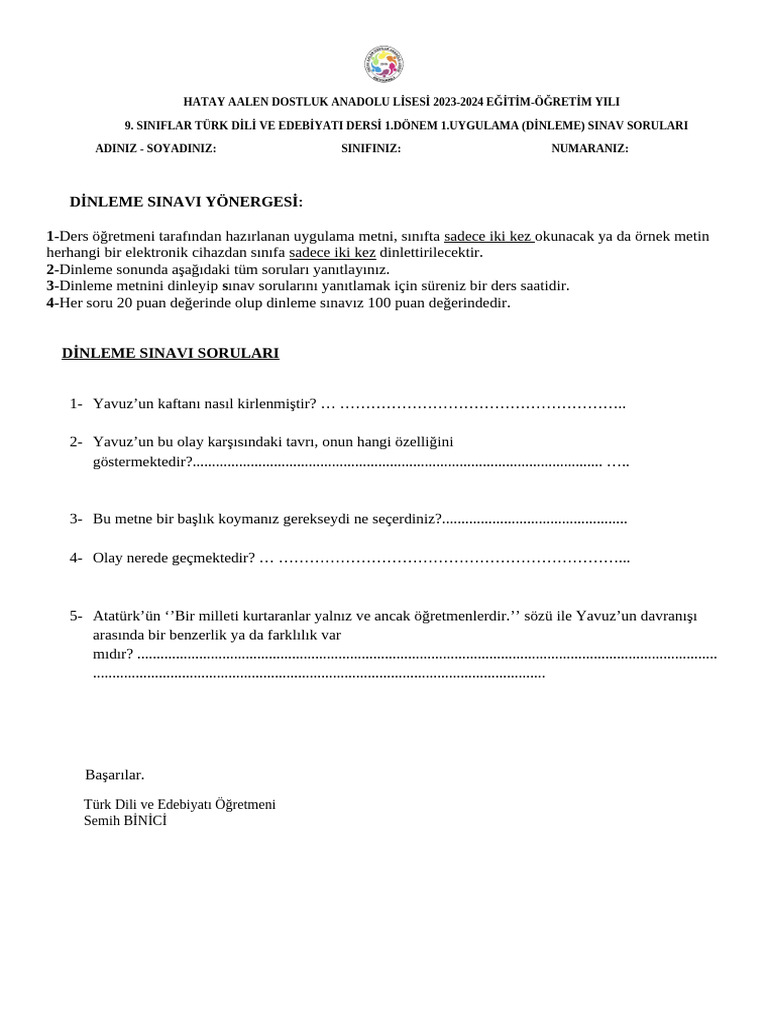 9.SINIF DİNLEME SINAVI | PDF