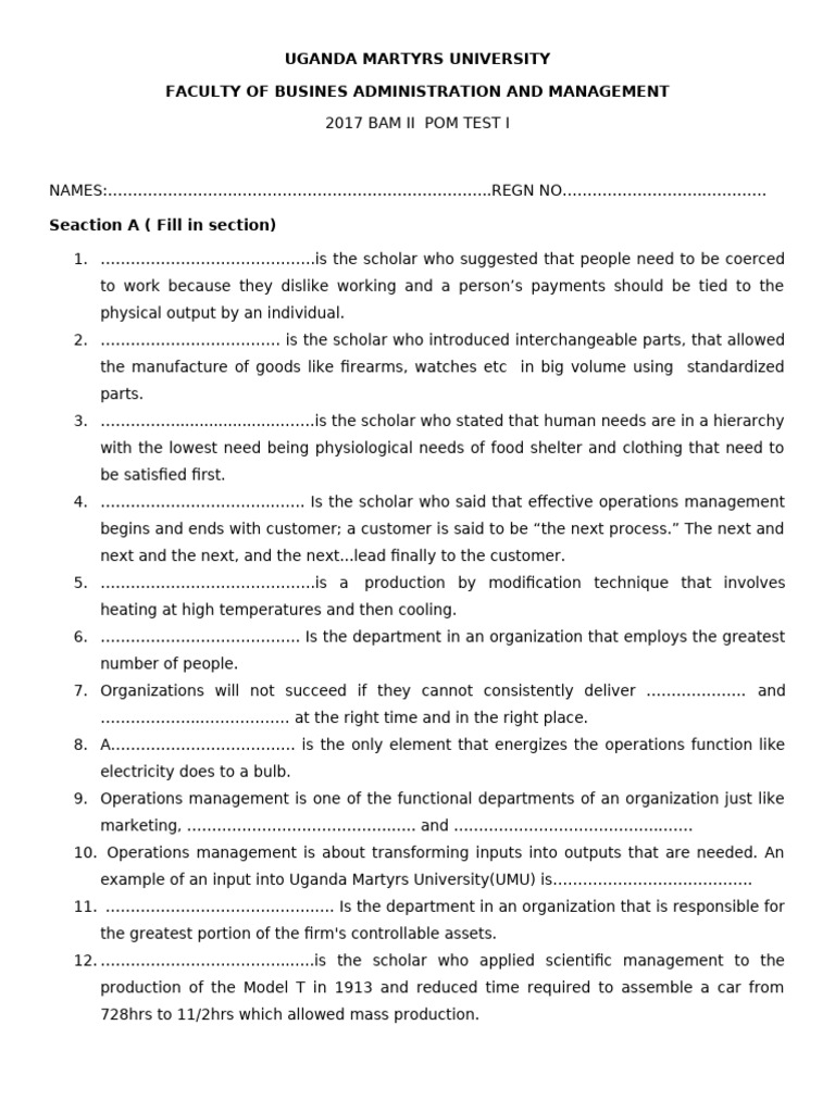 2017 AUGUST POM Test 1 FINAL | PDF | Operations Management | Function ...