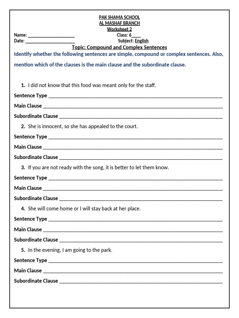 Compound and Complex Sentences Worksheet | PDF | Clause | Syntax