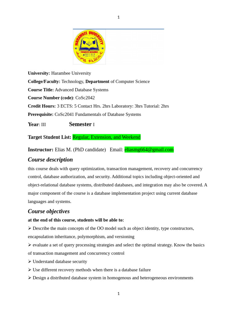 Advanced Database Systems Course Outline | PDF | Databases | Database Transaction