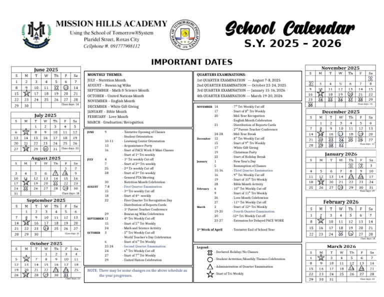 Mha School Calendar S.Y. 2025-2026 | PDF