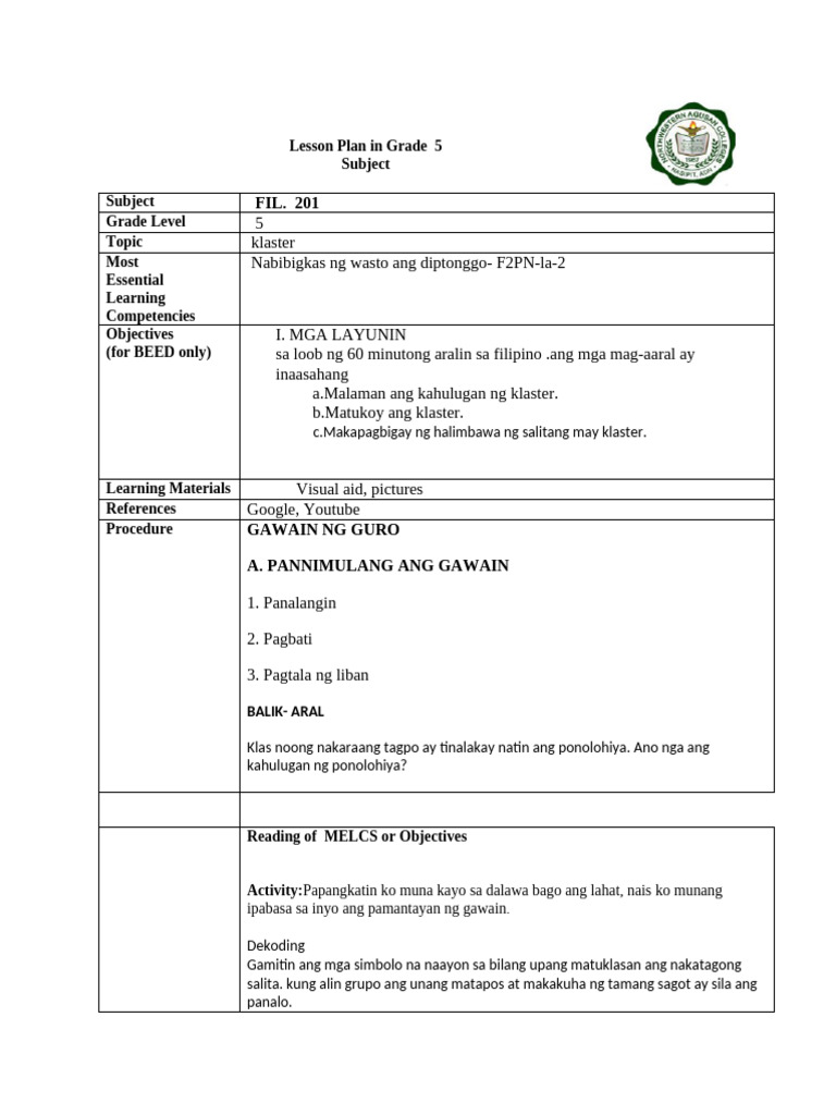 Format Filipino Lesson Plan | PDF