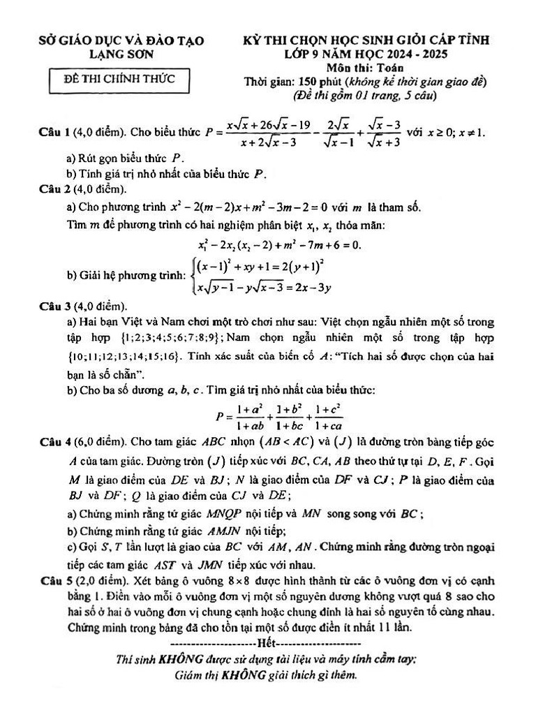 De Chon Hoc Sinh Gioi Tinh Toan 9 Nam 2024 2025 So Gddt Lang Son | PDF