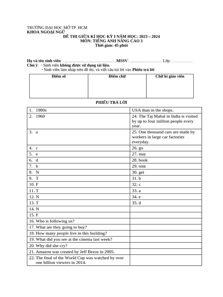 Answer Key - Mid-Term Official TANC3 HK1 2023-2024 | PDF