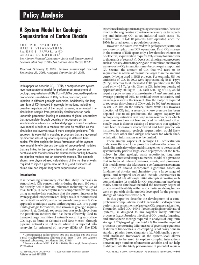 Stauffer Et Al 2008 A System Model For Geologic Sequestration of Carbon ...