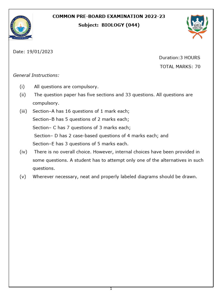 11.BIOLOGY_QP_Class-XII_CPBE-2023_ISN | PDF | Gene | Operon