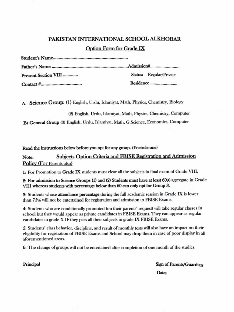 Admission Form For 9th Grade | PDF