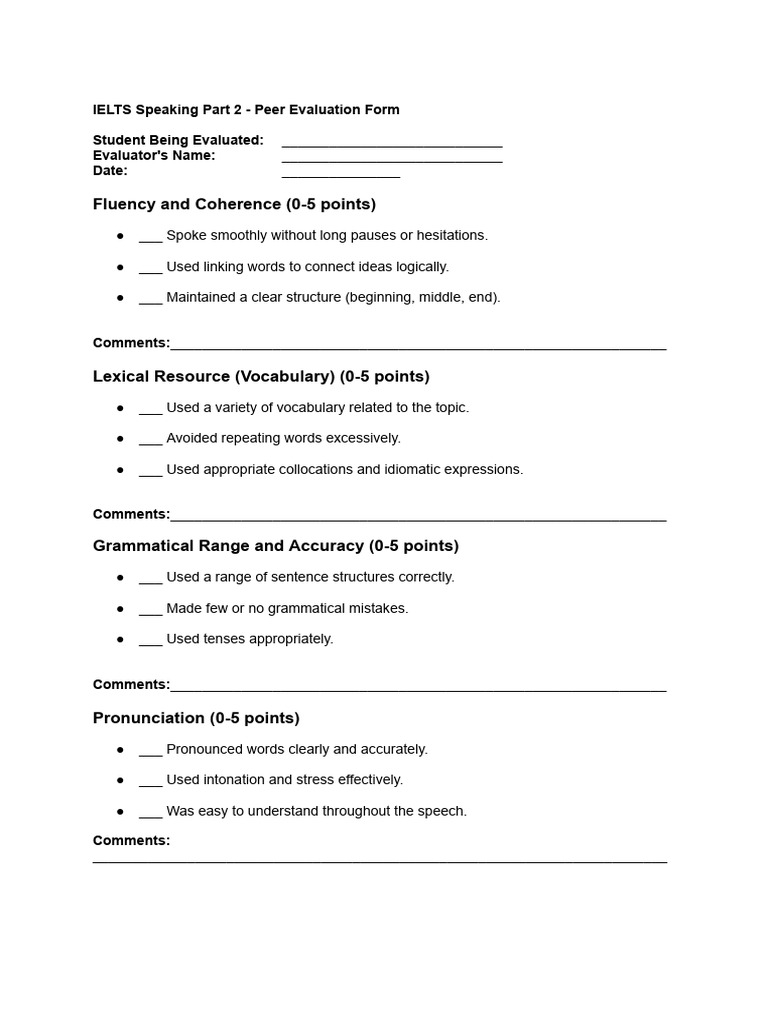 IELTS Speaking Part 2 - Peer Evaluation Form V.0 | PDF