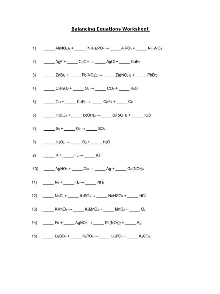 Balancing Equations Worksheet | PDF