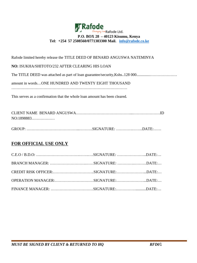 Current-Release of logbook title deed letter (1) | PDF | Loans ...