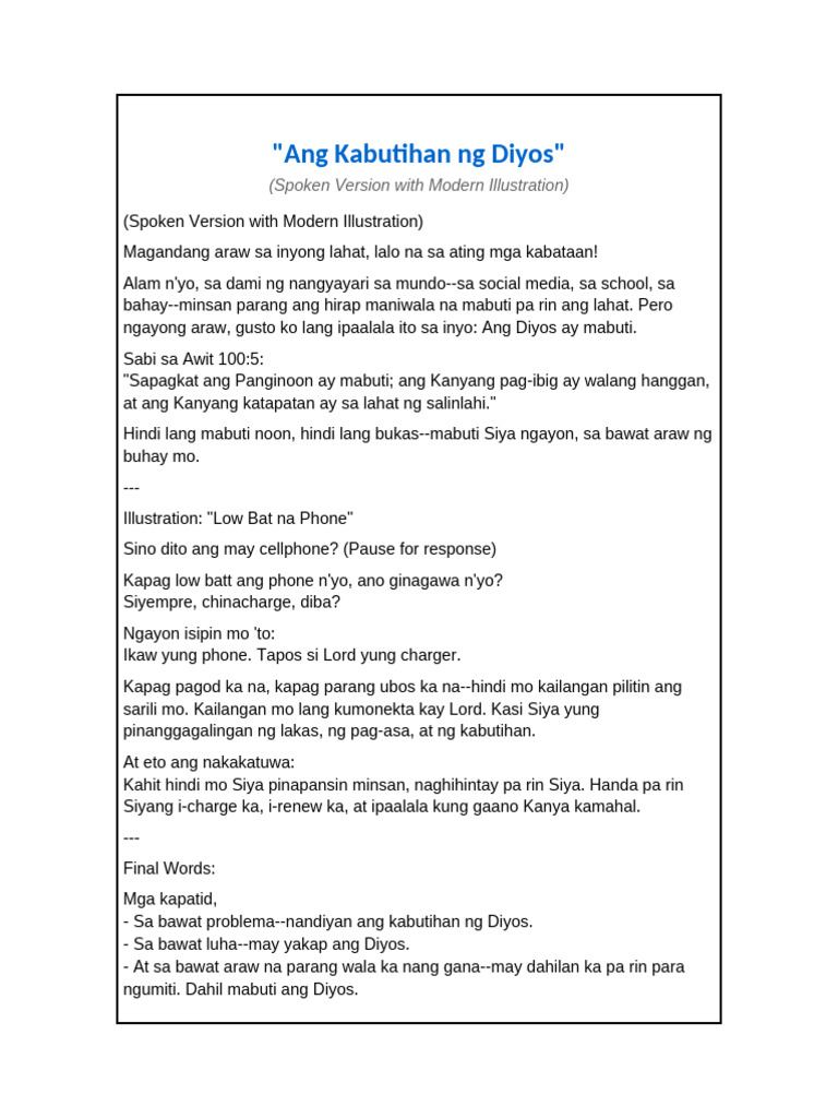 Ang Kabutihan NG Diyos Sermon Styled | PDF