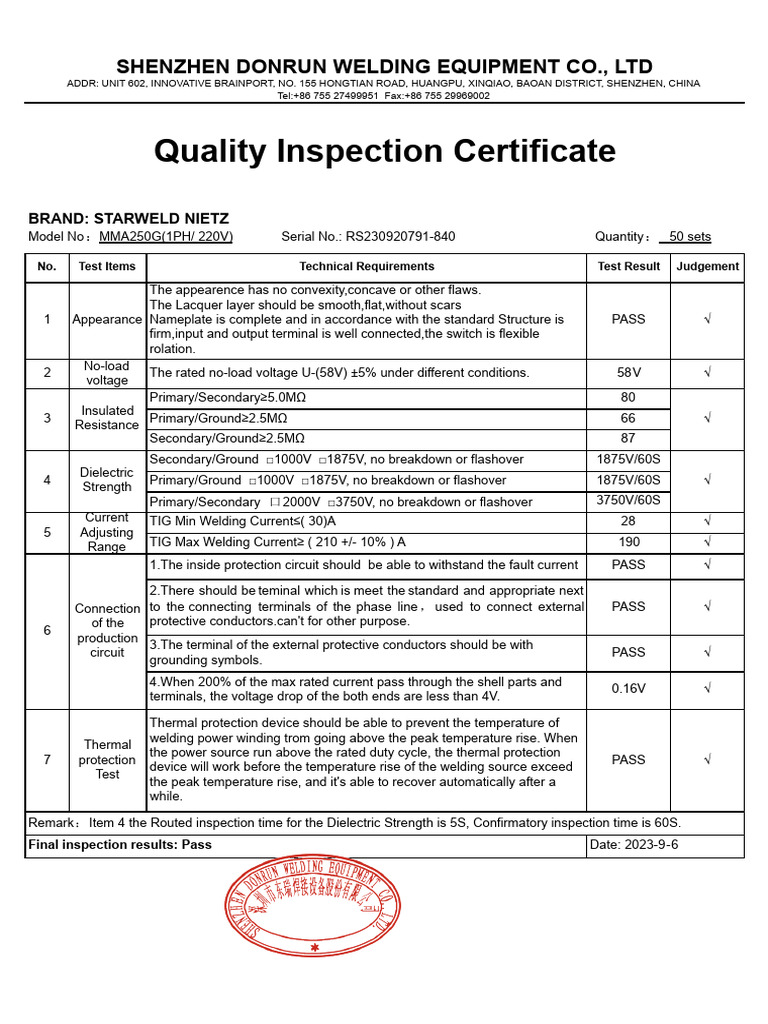 MMA250G Quality Inspection Certificate | PDF | Electric Arc | Electrical Equipment