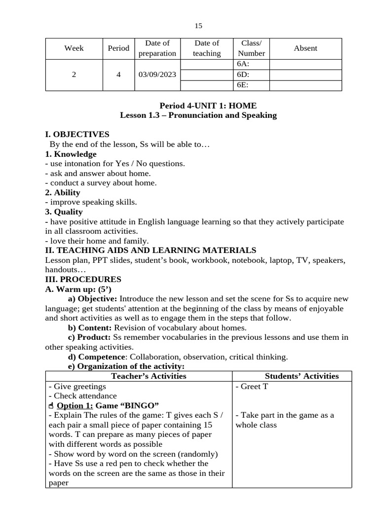 Home Survey Lesson Plan for Speaking Skills | PDF | Question | Learning
