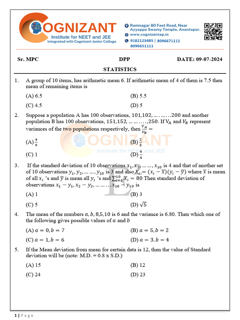 DPP SR MPC MATHS T1 MKN 09-07-2024 | PDF | Mean | Standard Deviation
