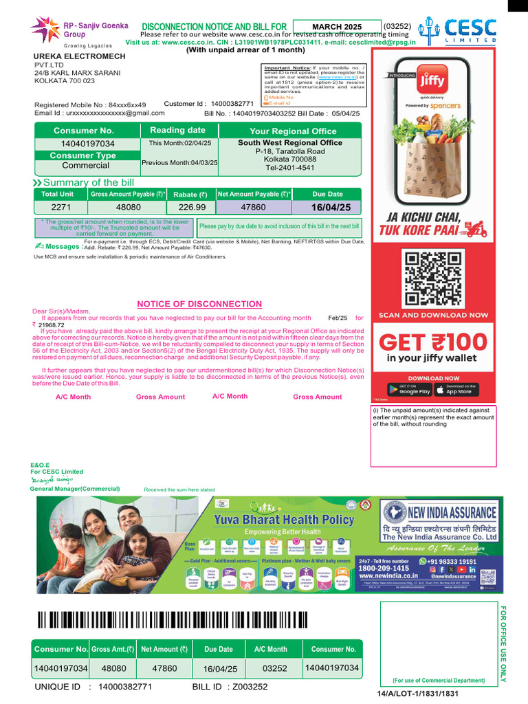 Summary of The Bill: Disconnection Notice and Bill For | PDF | Rebate ...