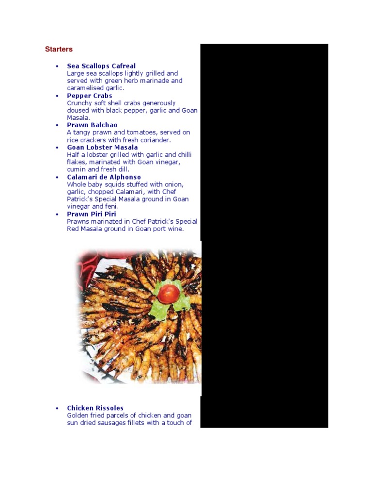 Goan Cuisine Menu: Starters to Desserts | PDF