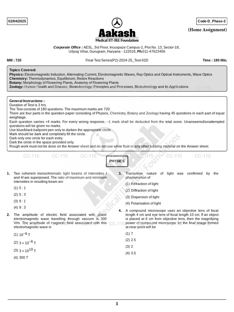 FTS-02D (P2) - 02-04-2025 (Home Assignment) | PDF | Waves | Inductor