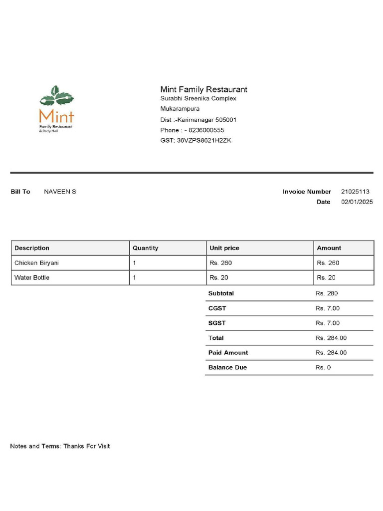 02.01.25 CB Food Bill Karimnagar | PDF
