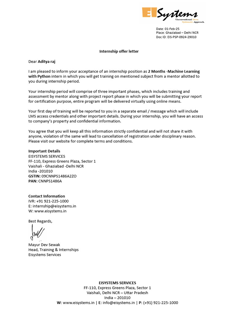 Offer Letter Intern | PDF