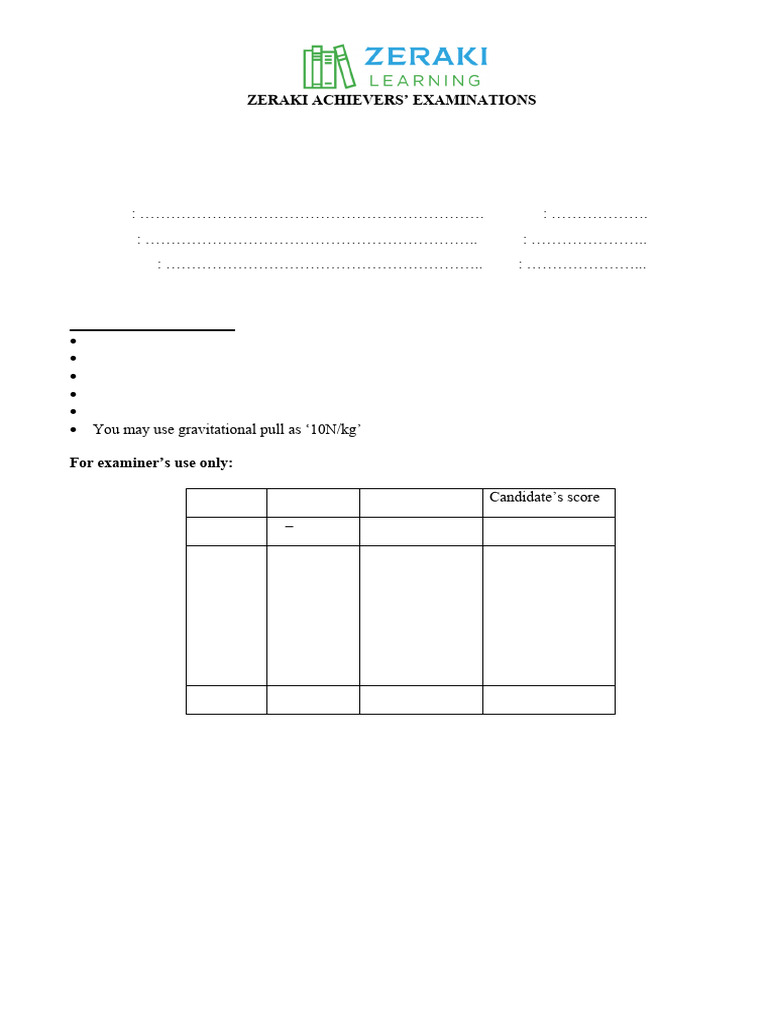 Physics Form 3 Paper 1 Question Paper Zeraki Achievers 5.0 - February ...