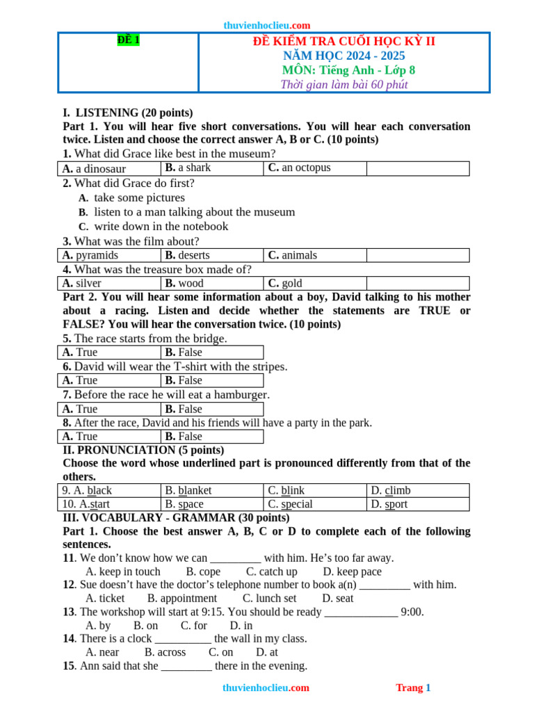 Thuvienhoclieu.com de Kiem Tra Cuoi HK2 Tieng Anh 8 Global de 1 | PDF | Mercury (Planet) | Planets