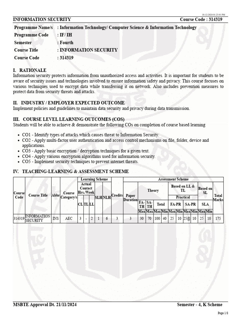 Information Security Syllabus - K Scheme | PDF | Cryptography | Encryption