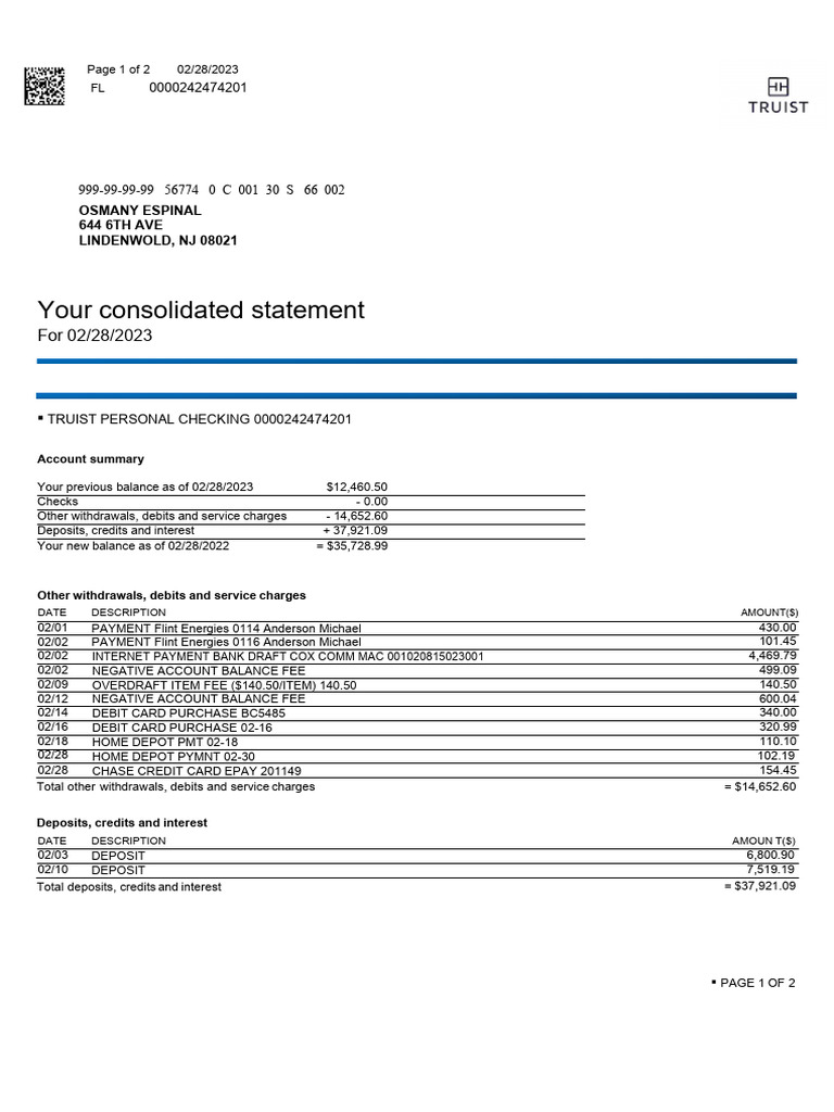 Truist Bank Statement Template Mbcvirtual AutoRecovered | PDF