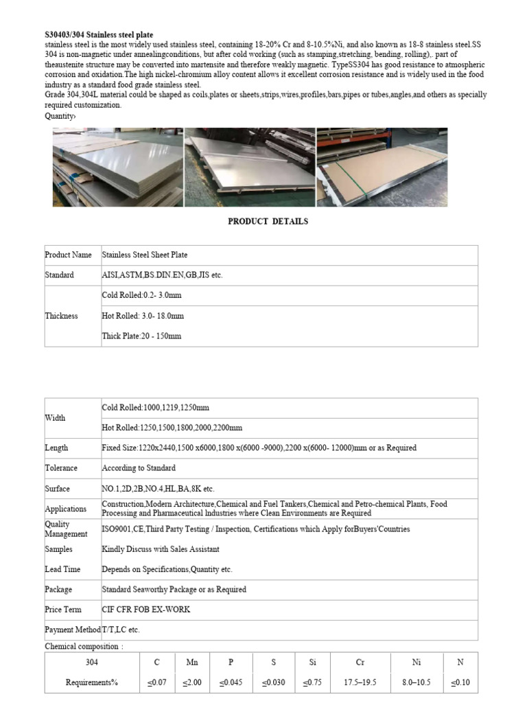 SUS304 Stainless Steel Plate Overview | PDF