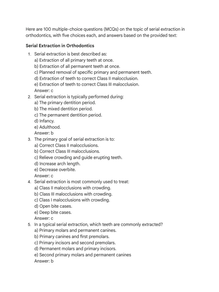 100 MCQs On Serial Extraction in Orthodontics | PDF | Orthodontics ...
