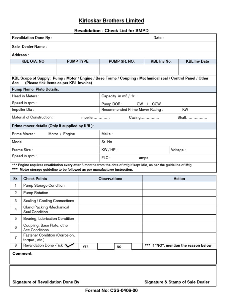 SMPD Revalidation Checklist for Pumps | PDF