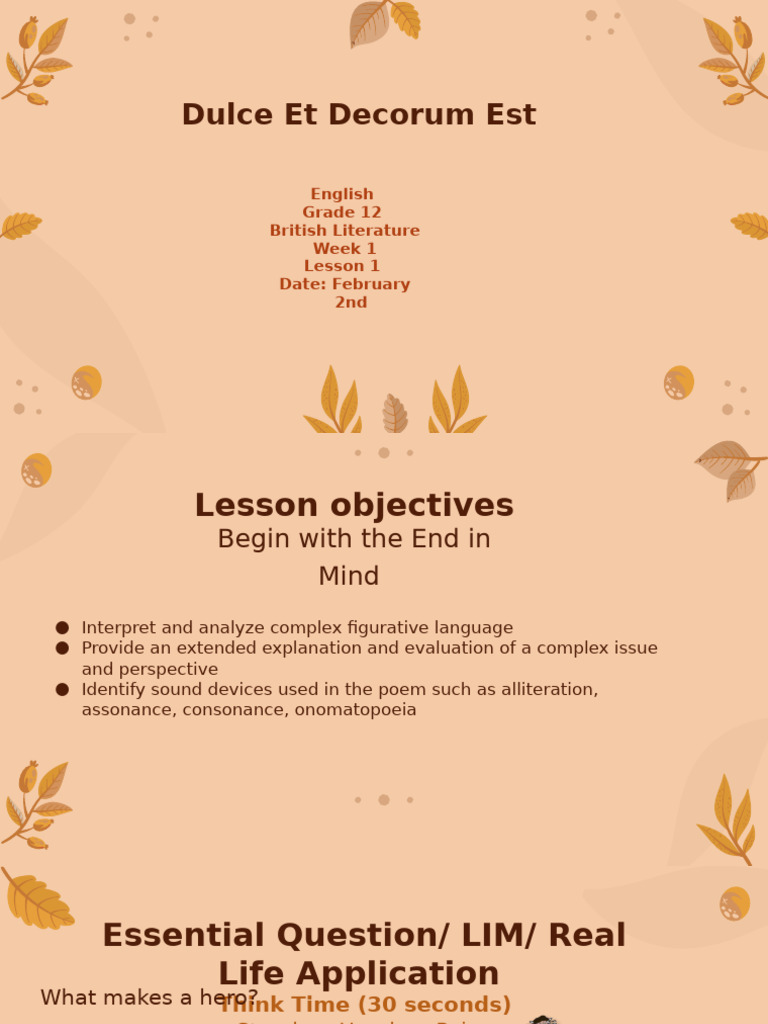 Dulce Et Decorum, Week 2, LP1 | PDF | Poetry