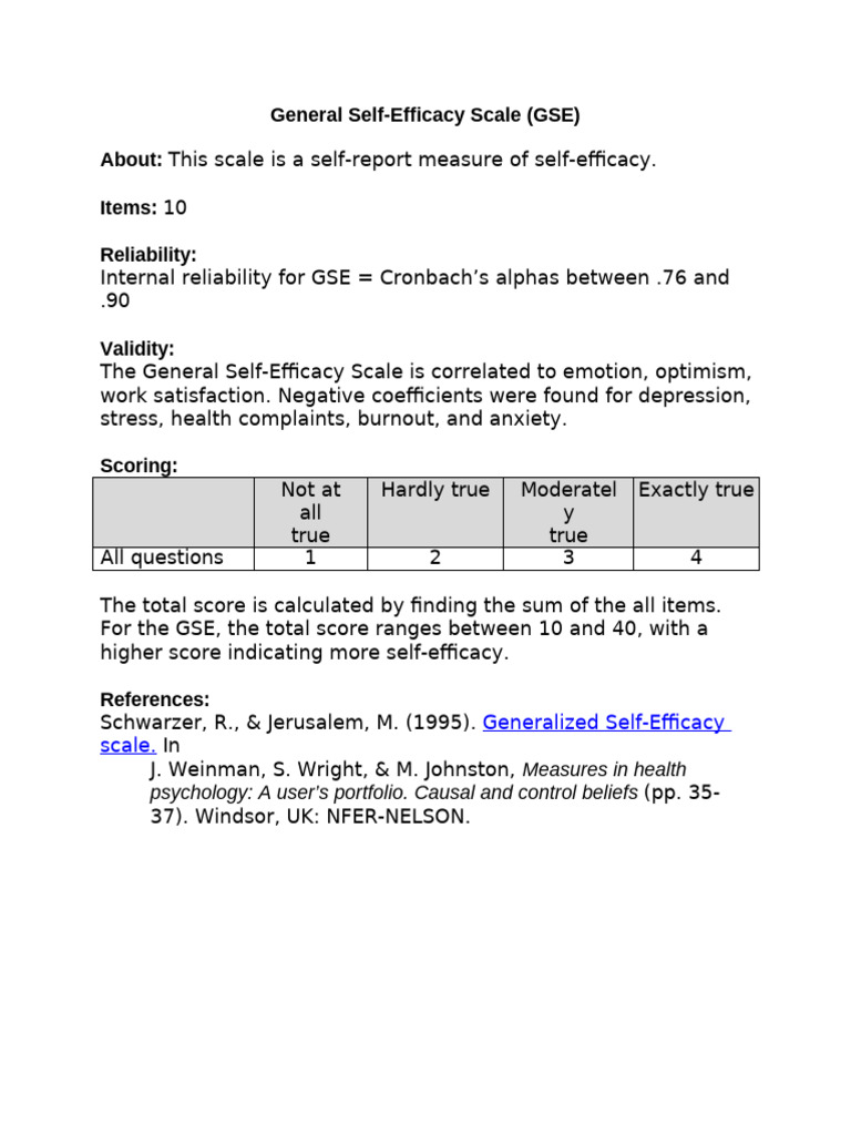 General Self-Efficacy Scale (GSE) | PDF