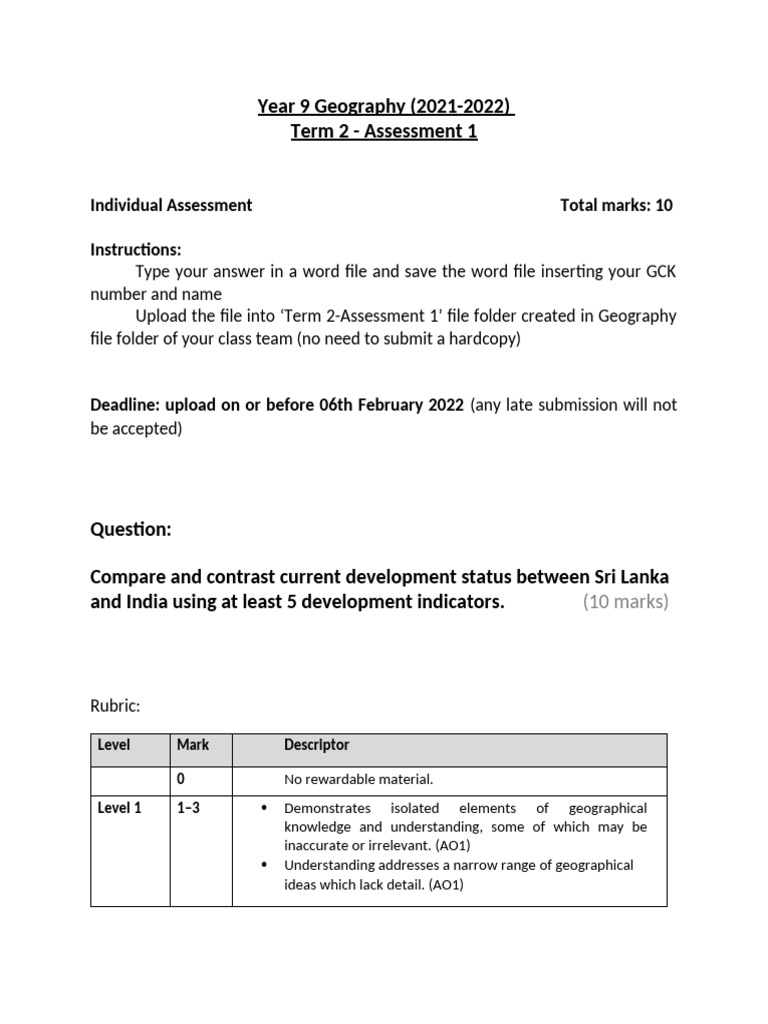 Geography - Year 9 - Term 2 - Assessment 1 | PDF