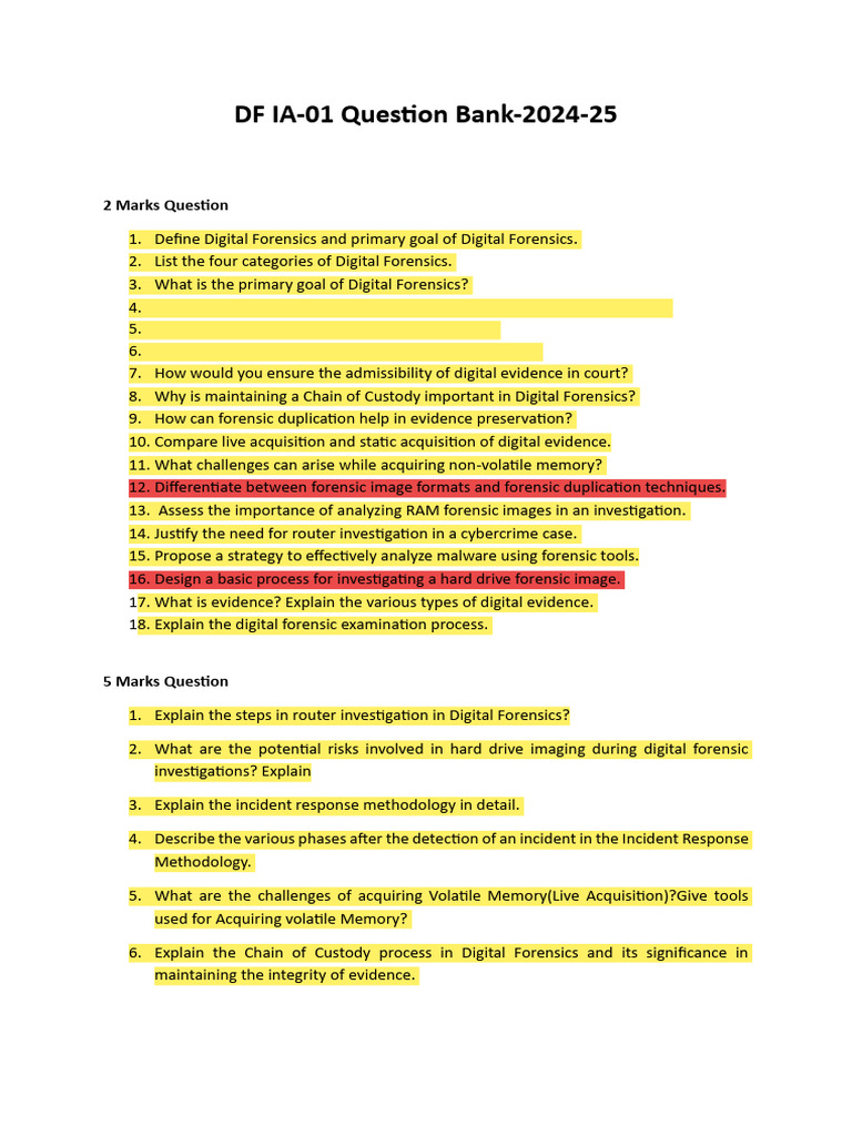 DF - IA-01 Question Bank2024-25 | PDF | Digital Forensics | Computer Forensics