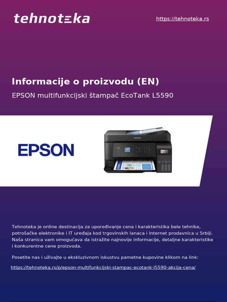 Informacije o Proizvodu en Epson Multifunkcijski Stampac Ecotank l5590 ...