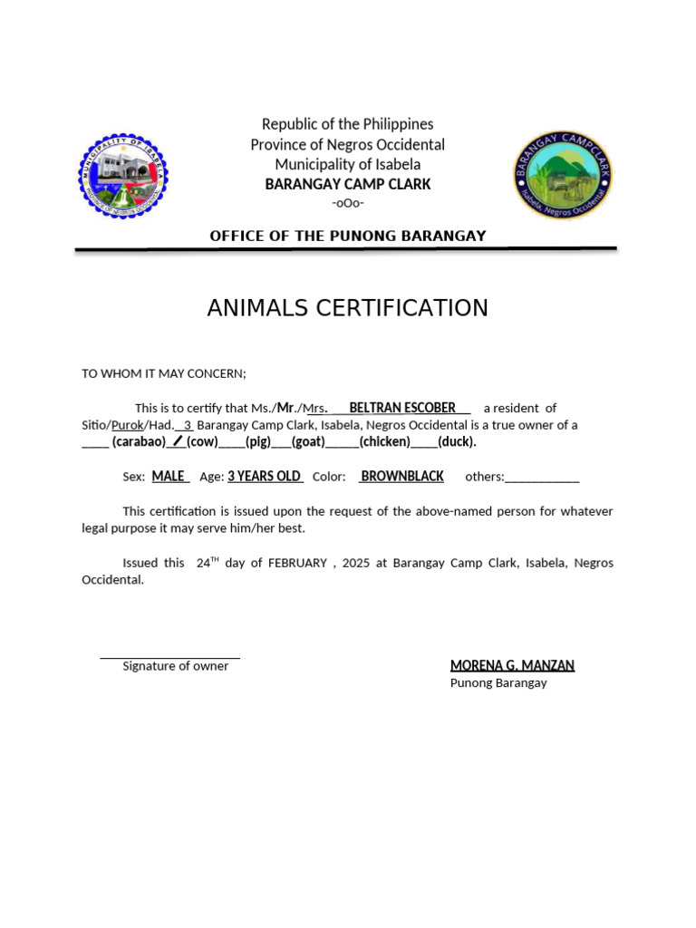 Animals Certification | PDF