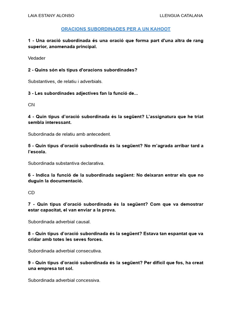 Oracions Subordinades Per A Un Kahoot - Laia | PDF