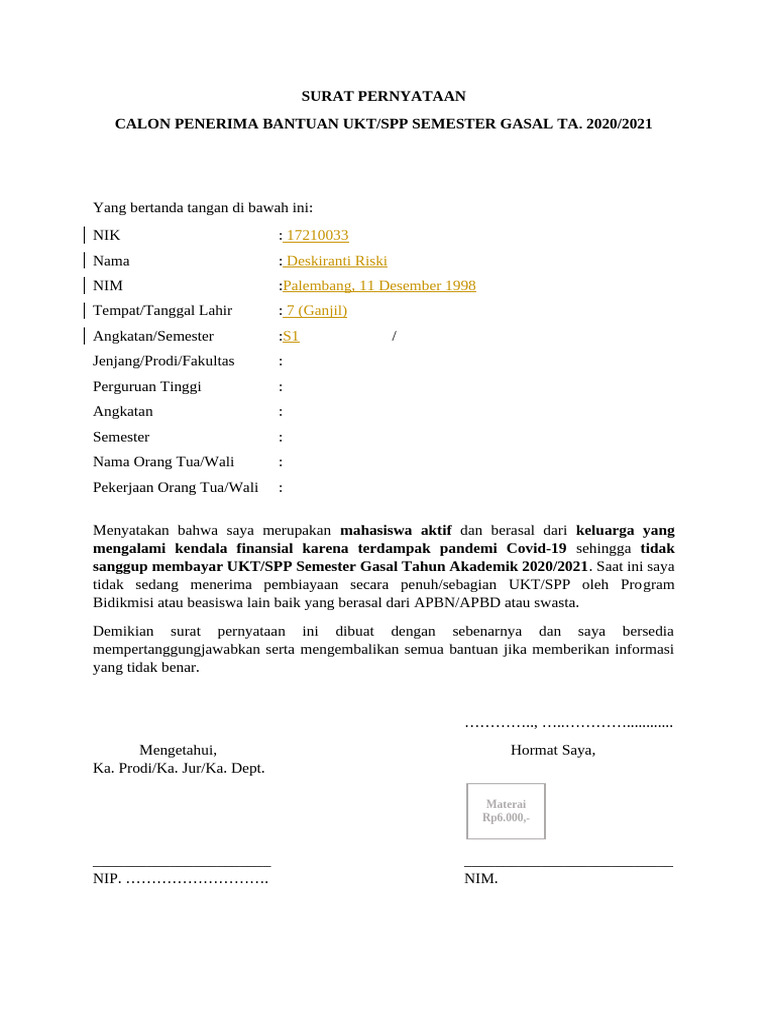 Surat Pernyataan Bantuan UKT | PDF