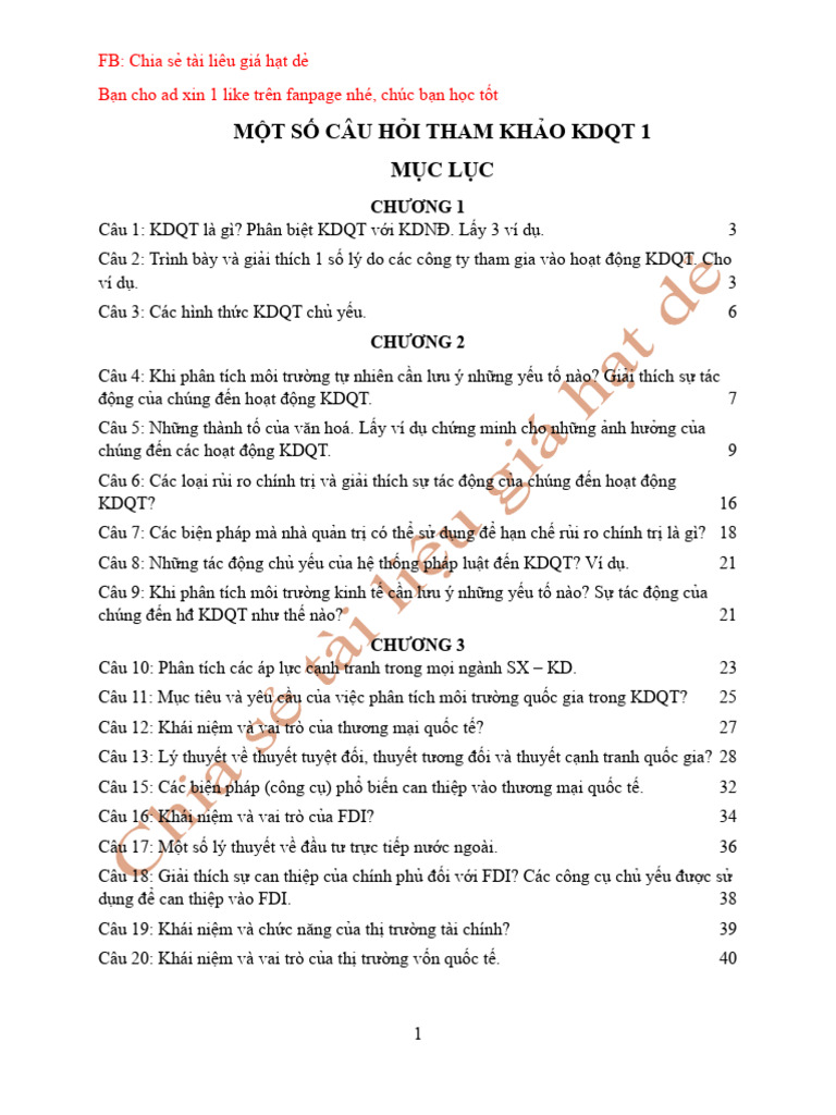 Một Số Câu Hỏi Tham Khảo Kdqt 1 Mục Lục | PDF