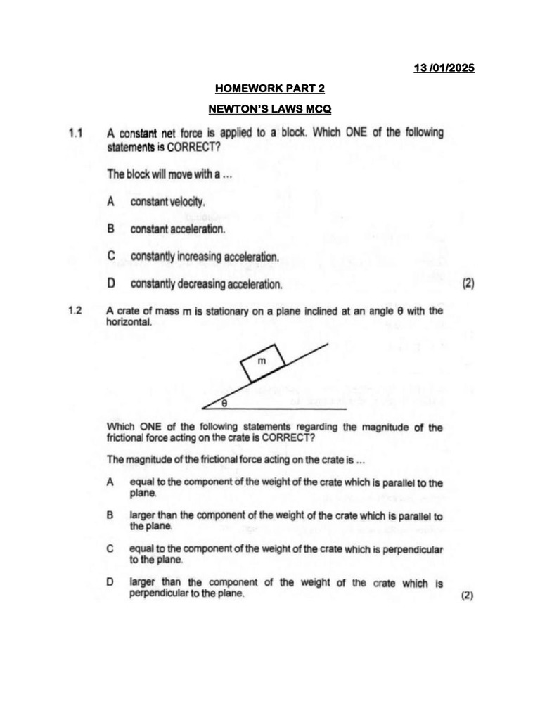 T1 Activity 1 Newton's Laws MCQ | PDF