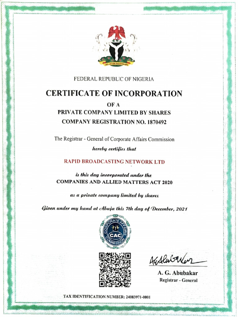 Rapid Broadcasting Network Incorporation | PDF | Business | Private Law