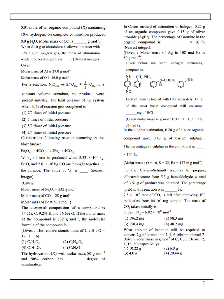 Questions Mole Concept Redox Titration | PDF | Mole (Unit) | Chemistry