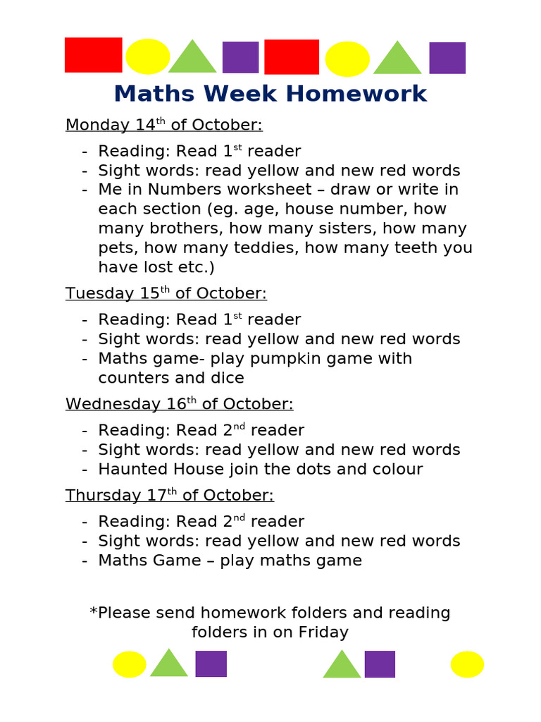 Maths Week Homework Activities | PDF