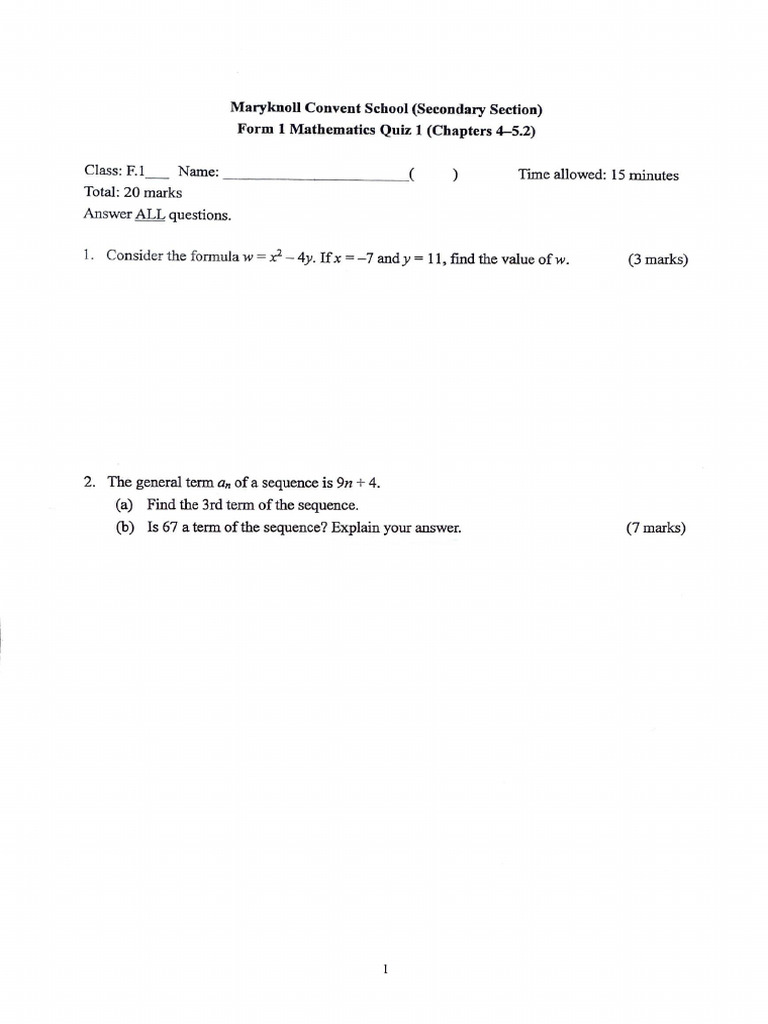 Form 1 Mathematics Quiz 1 (Ch.4-5.2) | PDF