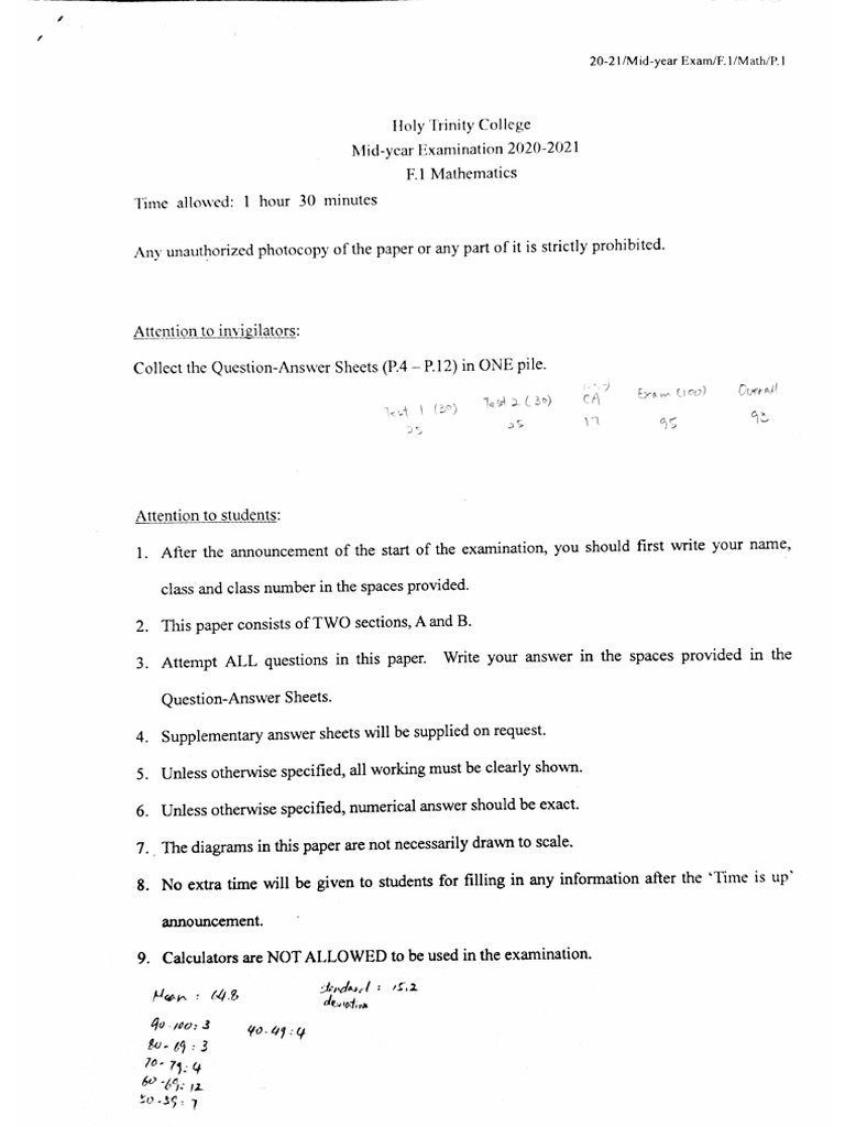 S1 Maths Mid-Year Exam 20-21 | PDF