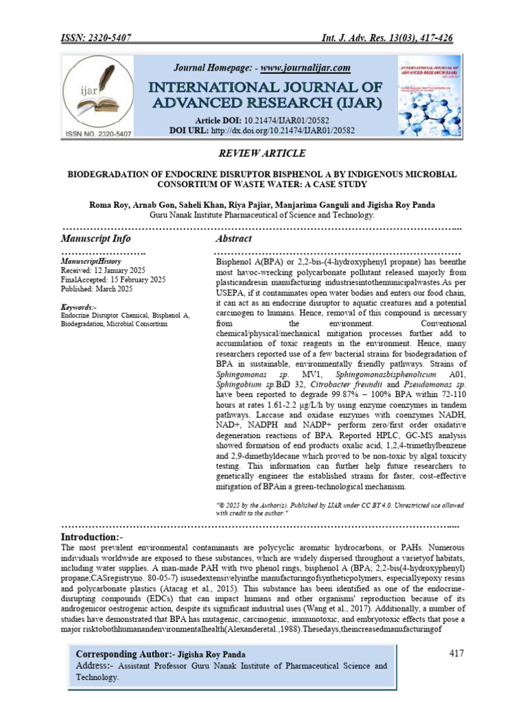 BIODEGRADATION OF ENDOCRINE DISRUPTOR BISPHENOL A BY INDIGENOUS MICROBIAL CONSORTIUM OF WASTE ...