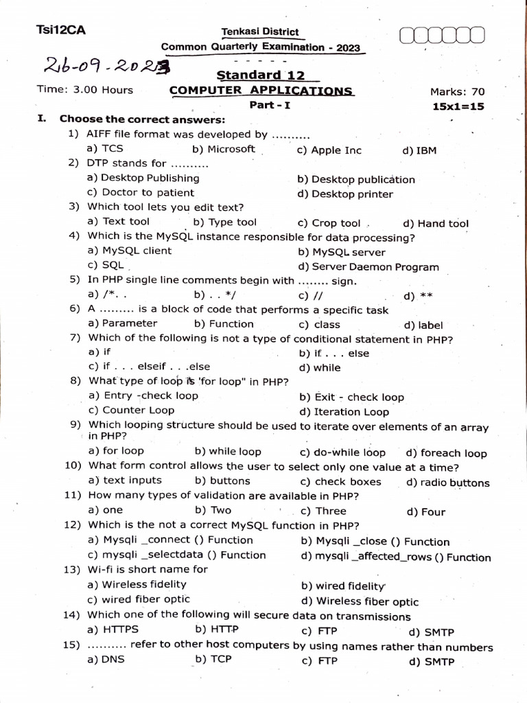 12th Computer Application EM Quarterly Exam 2023 Original Question Paper Thenkasi District ...