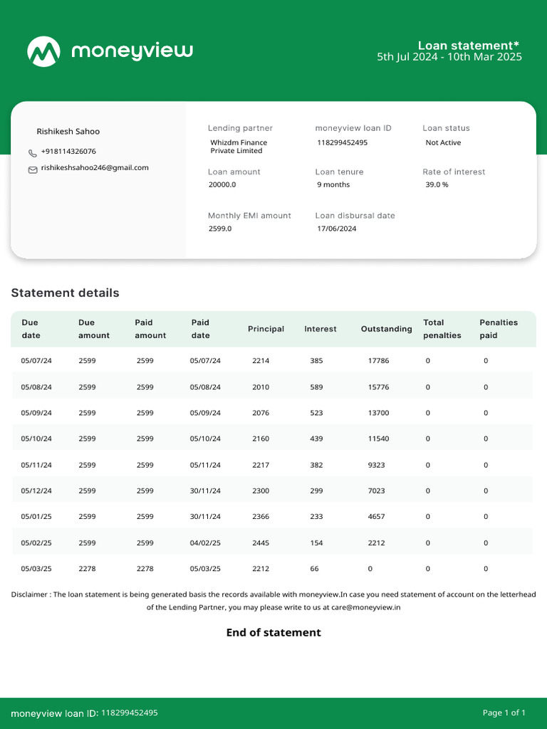 Loan Statement 10-03-2025 | PDF | Loans | Banking