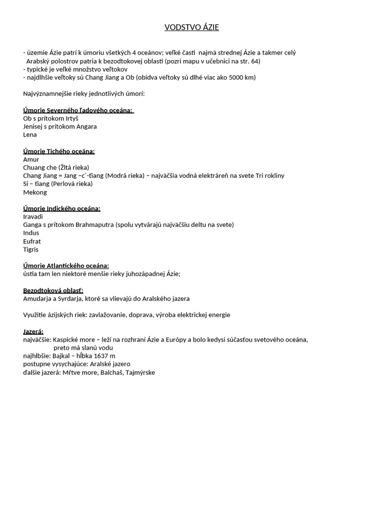 Vodstvo Ázie - Poznámky | PDF
