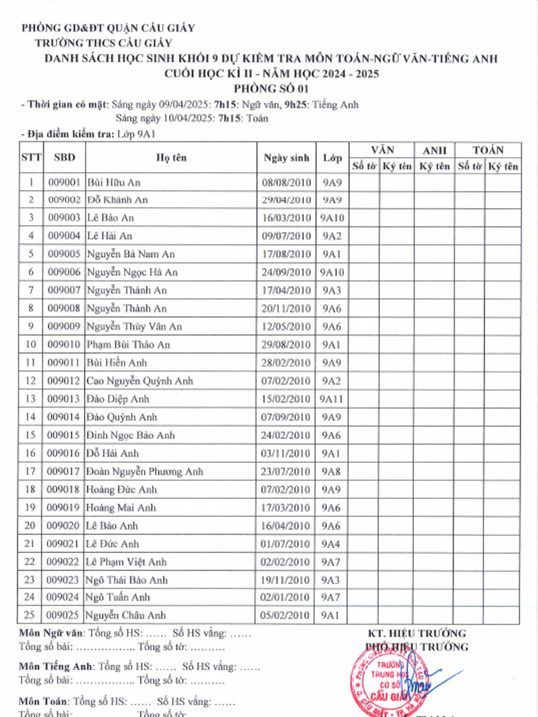K9 - DS HS Kiem Tra Cuoi Hkii Mon T-V-A | PDF